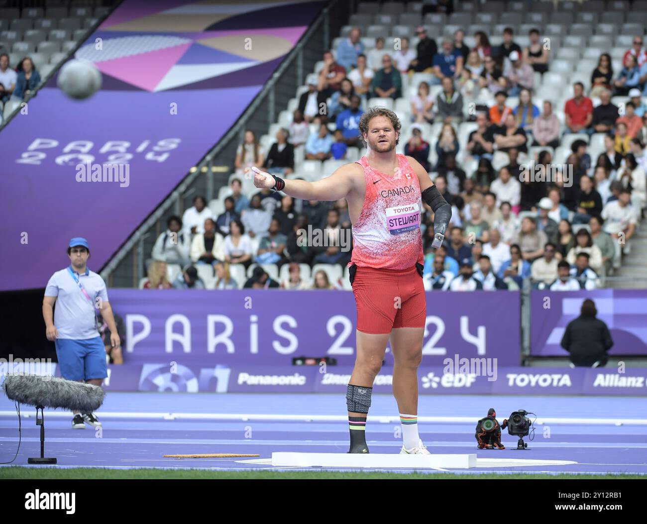 Greg Stewart of Canada competing in the men’s F46 shot put final at the ...