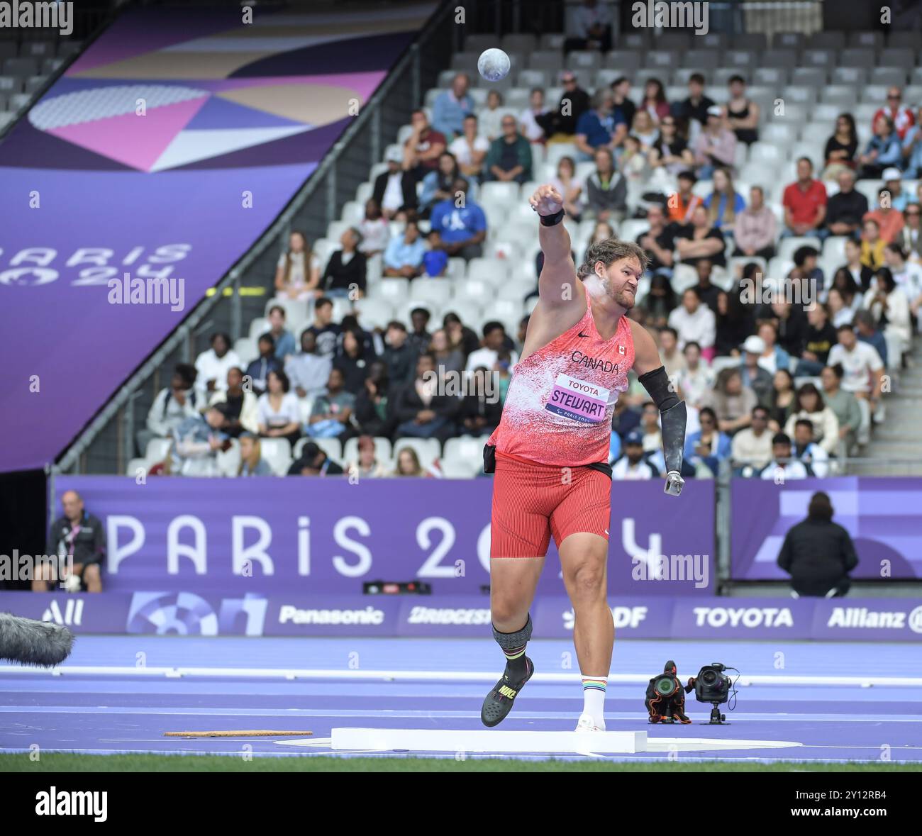 Greg Stewart of Canada competing in the men’s F46 shot put final at the ...