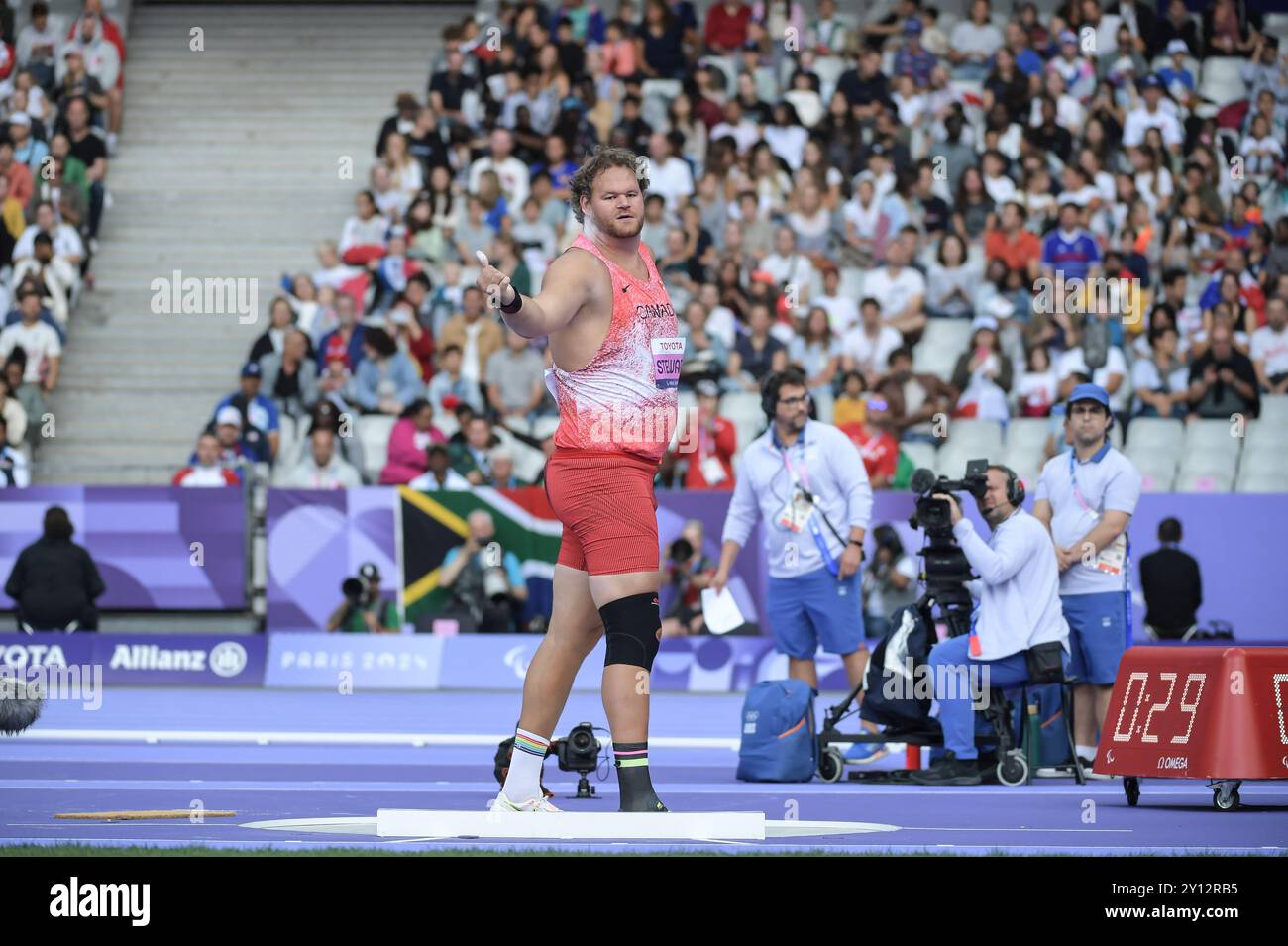 Greg Stewart of Canada competing in the men’s F46 shot put final at the ...