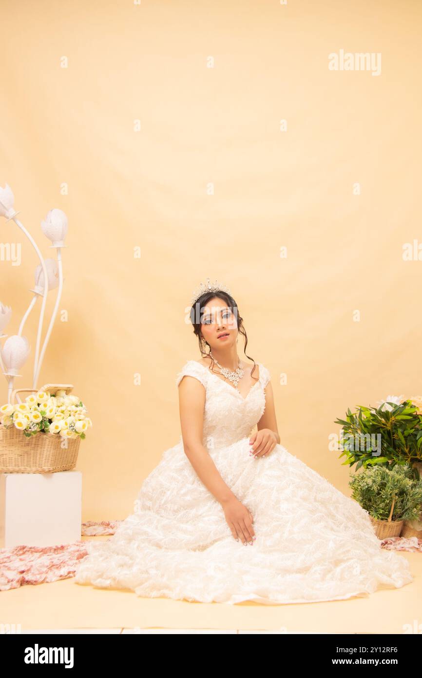 elegant woman pose sitting formal relaxed cheerful looking forward her ...