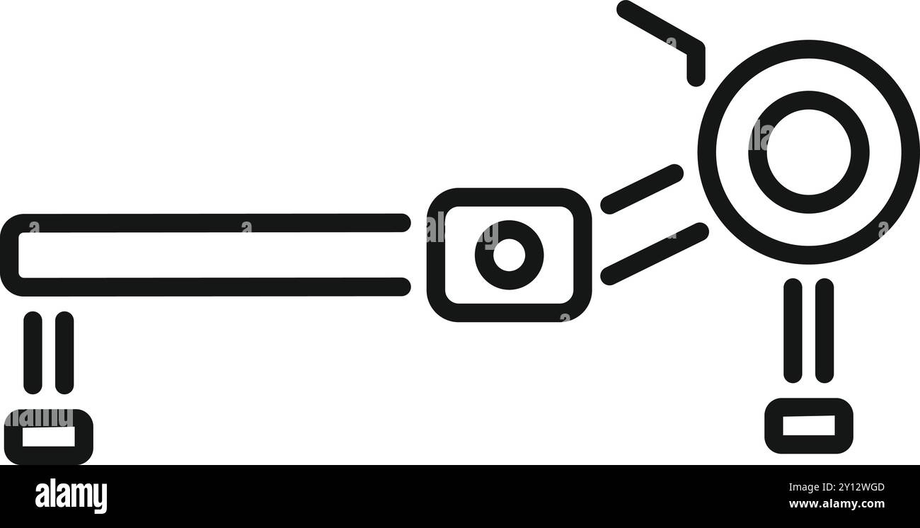 Simple icon of a robotic arm manipulating a detail with a laser beam in a manufacturing line ...