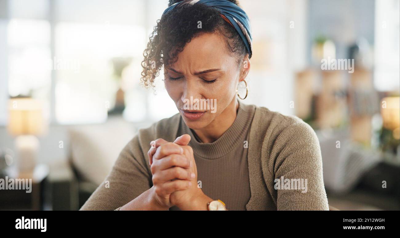 Woman, home and praying as Christian for religion or spiritual practice ...
