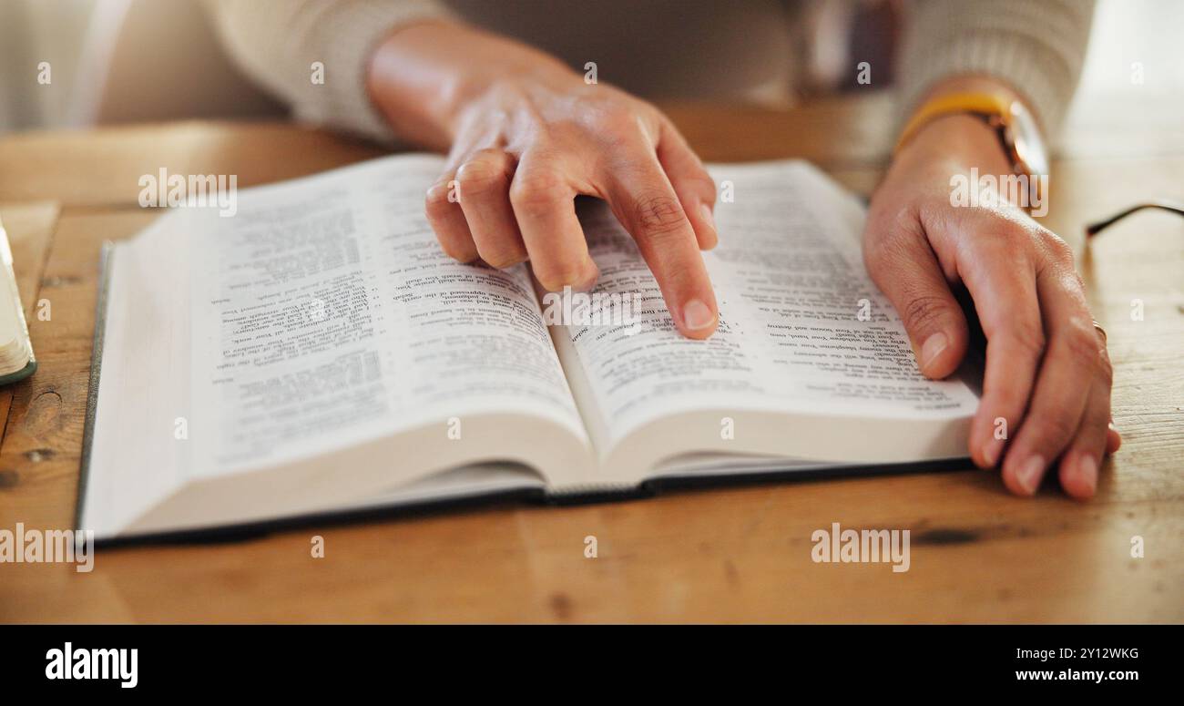 Hands, person and home with reading bible for religious or spiritual ...