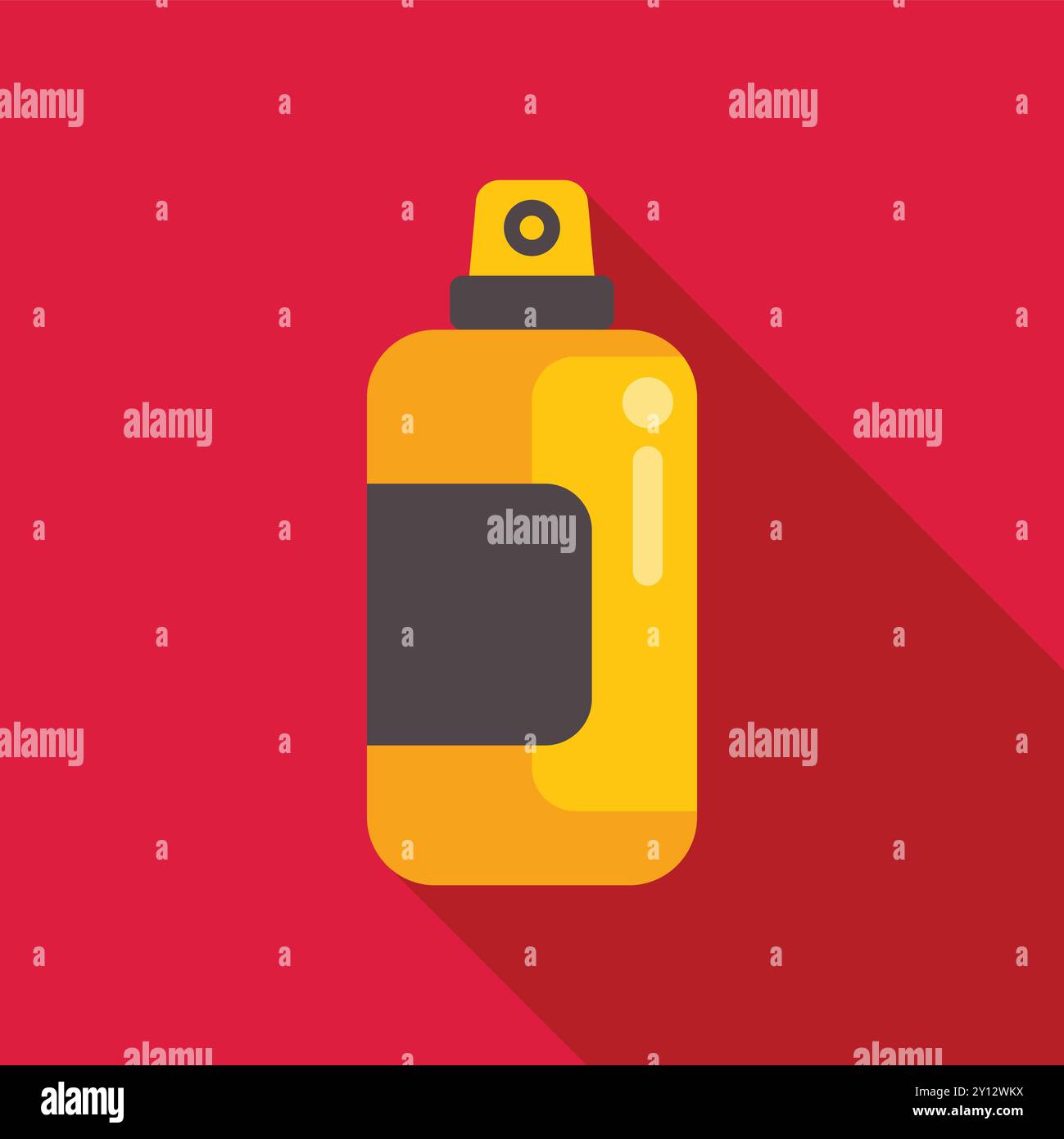 Yellow spray paint can with black label casting long shadow on red ...