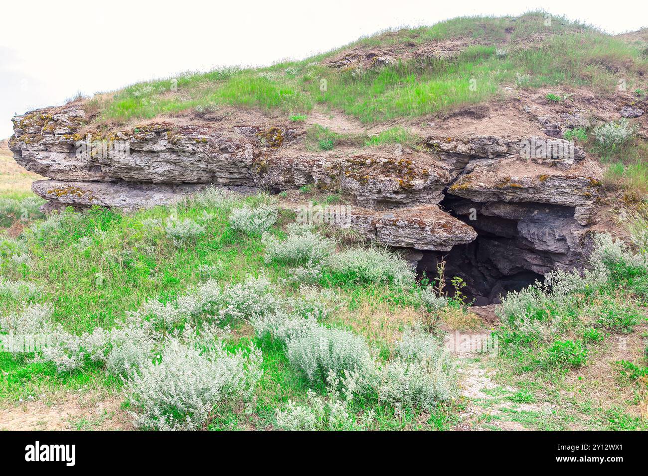 Rocky hillside with a small cave in the middle. Grassy field featuring ...
