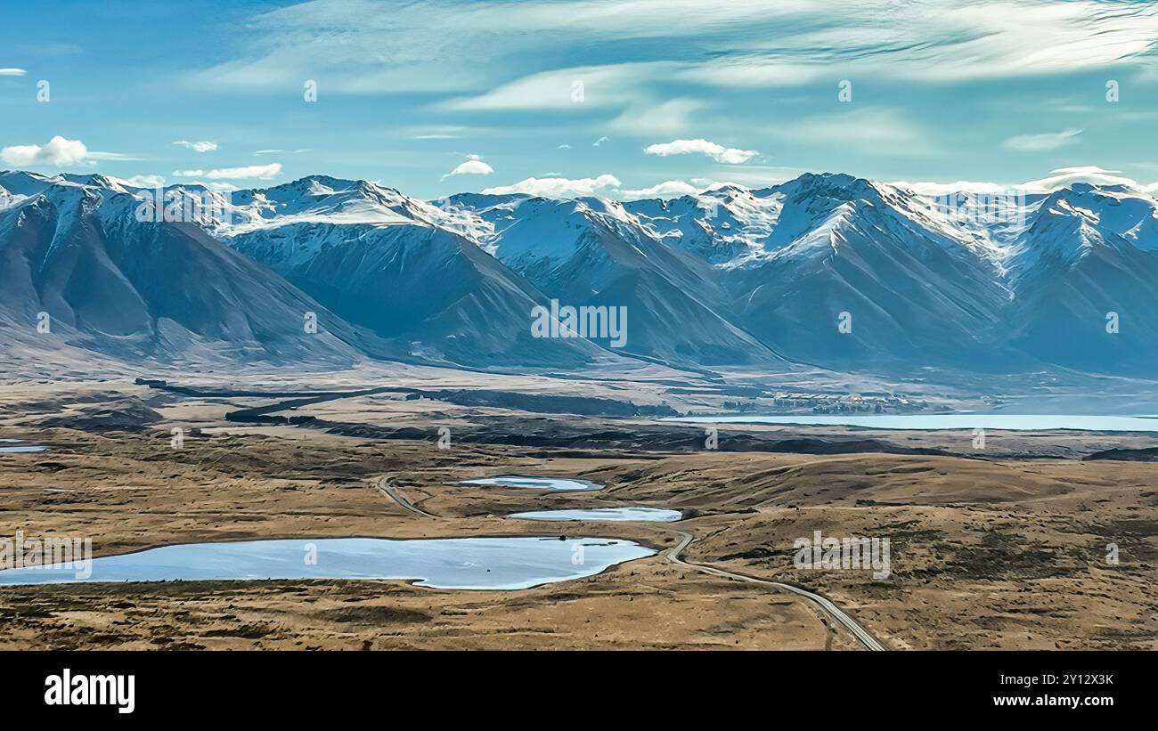 The way to Lake Ohau and the southern alps through alpine grasses and ...