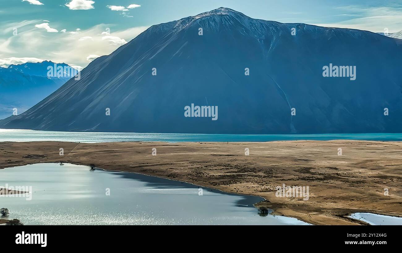 The way to Lake Ohau and the southern alps through alpine grasses and ...