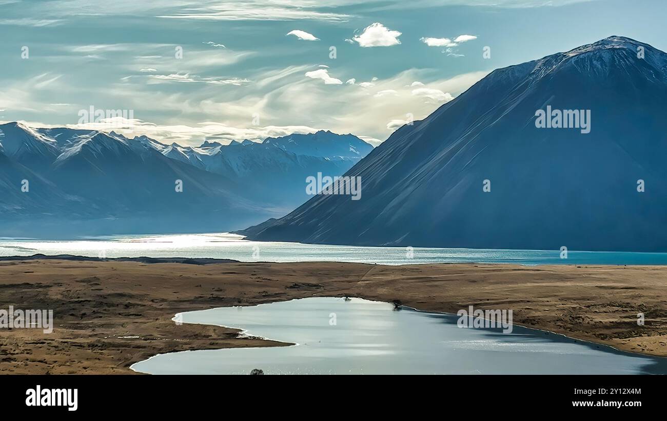 The way to Lake Ohau and the southern alps through alpine grasses and ...