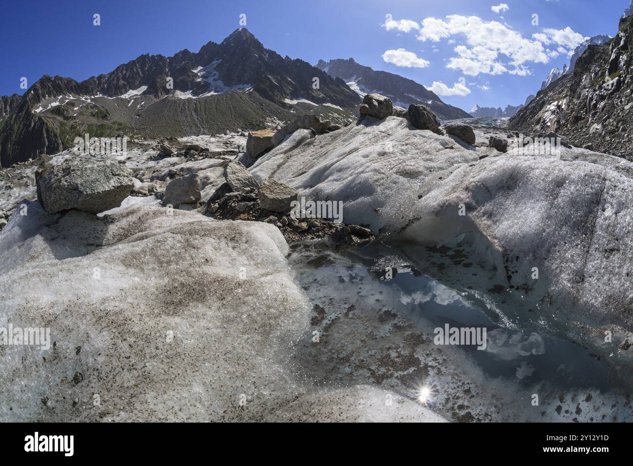 Mountain peak with glacier in sunshine, snowmelt, climate change ...