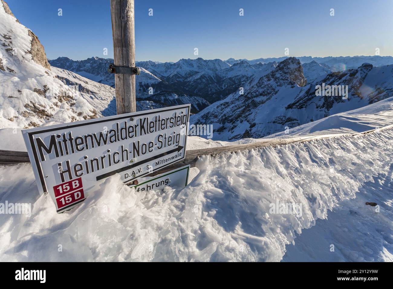 Signpost, sign for via ferrata, winter, snow, ice, Mittenwald via ...