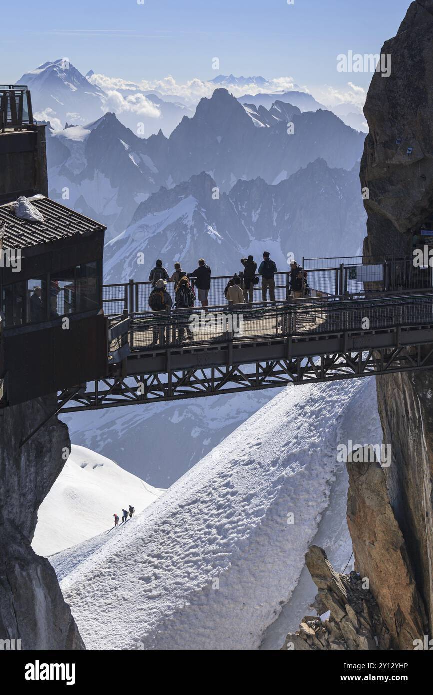 Tourists on viewing platform in front of mountains, mountain station ...