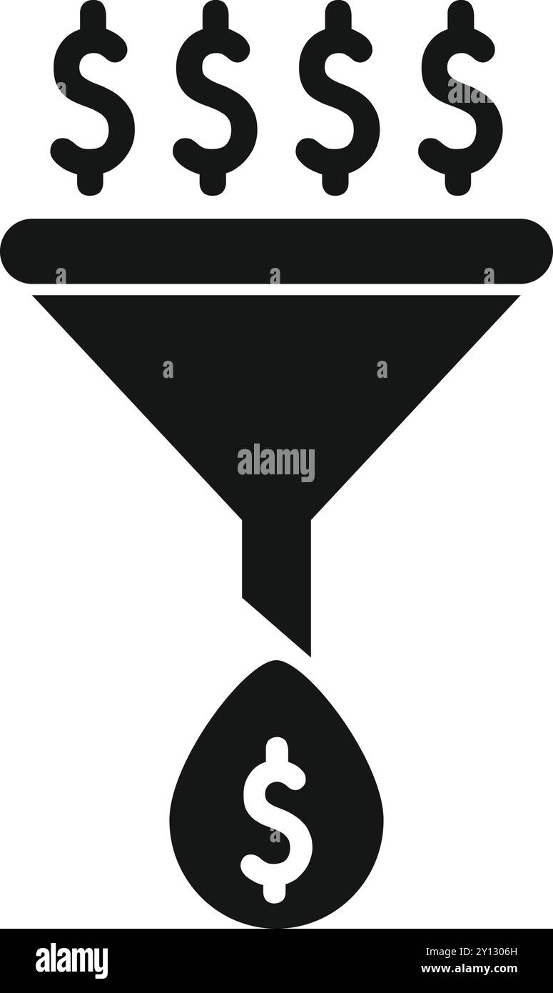 Black sales funnel icon concentrating dollar symbols into a single ...