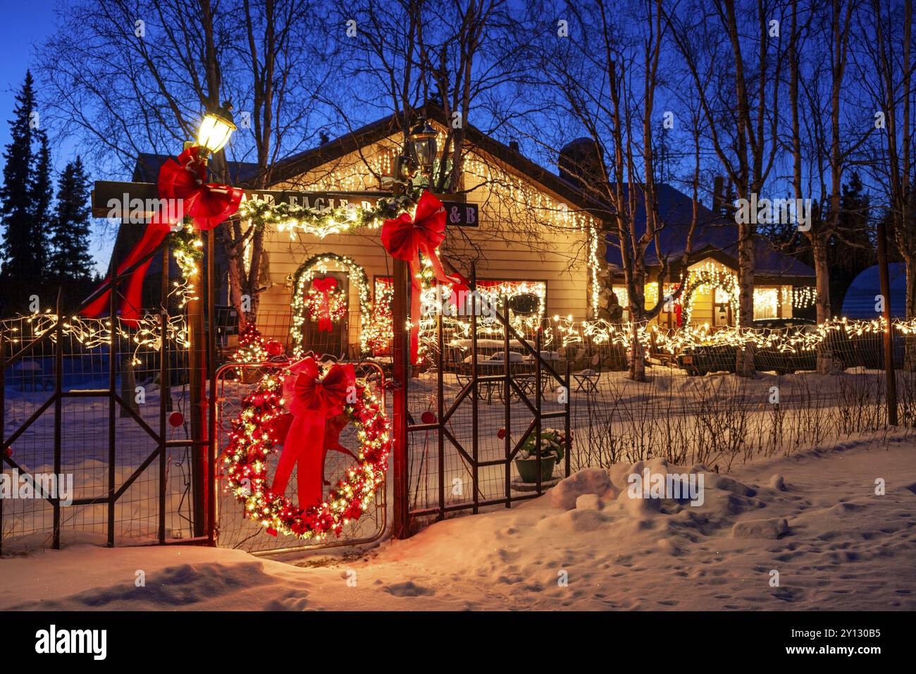 Christmas decorated house, bed and breakfast, dusk, Delta Junction ...
