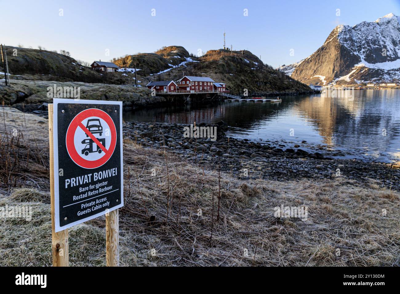 Prohibition sign, driving ban, camper ban, Reine, Moskenesoya, Lofoten ...