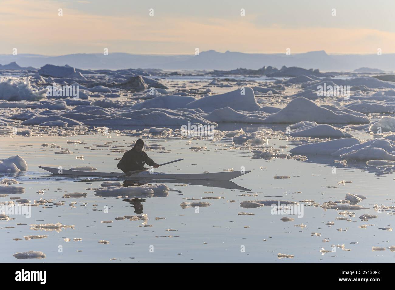 Inuit paddling a kayak between icebergs, man, sunny, summer, Ilulissat ...