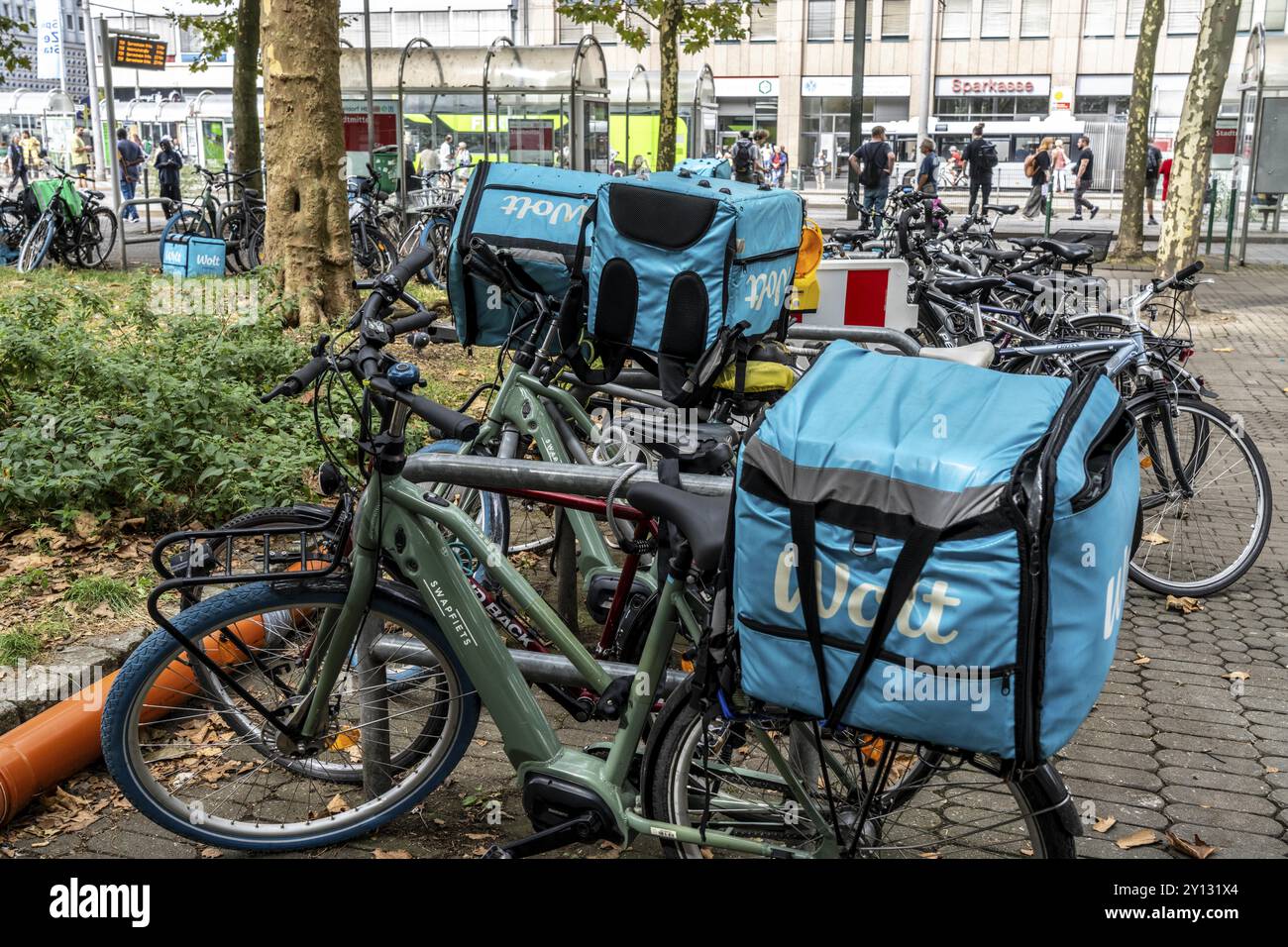 Wolt delivery service, parked bikes of bicycle couriers with thermal ...