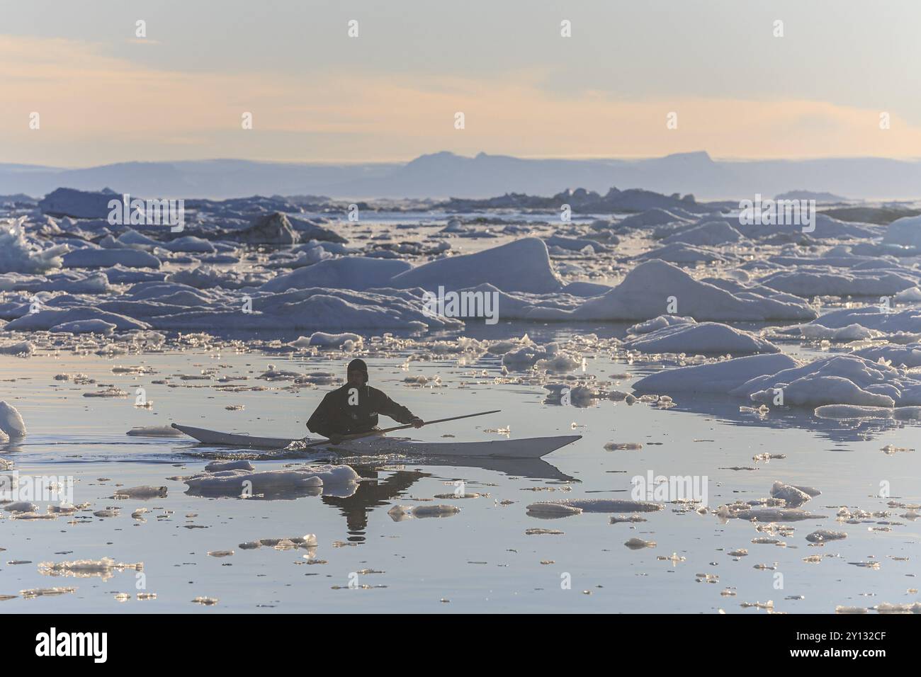 Inuit paddling a kayak between icebergs, man, sunny, summer, Ilulissat ...