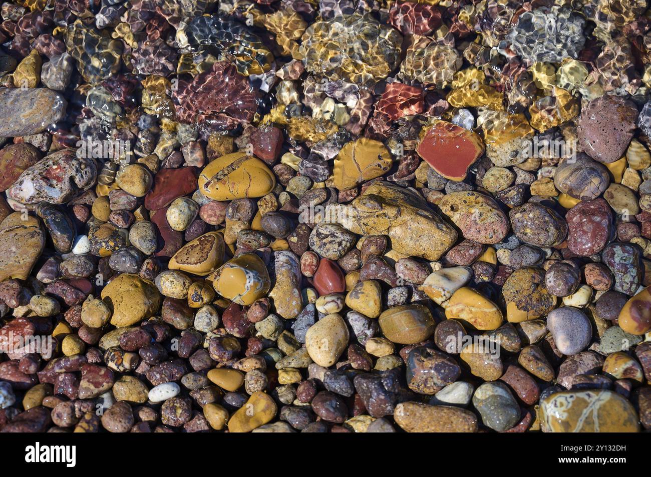 Colourful pebbles under clear water, forming a varied texture and ...