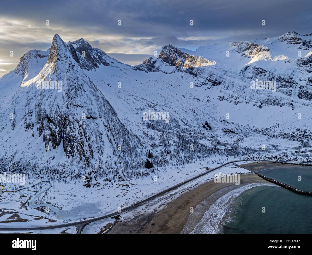 Aerial view of Bergen by the sea, coast, morning light, winter, snow ...