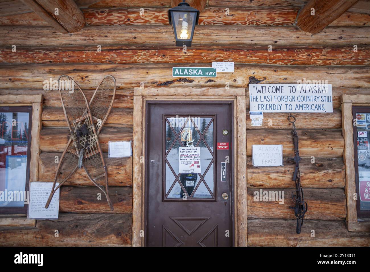 Entrance of a souvenir shop, log cabin, frontal, Alaska, USA, North ...
