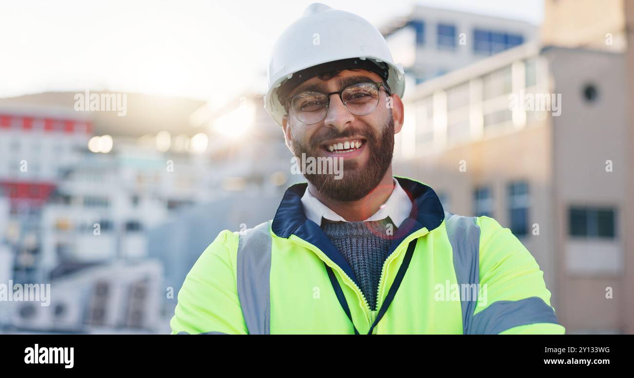 Construction worker, rooftop and portrait with architecture and urban ...
