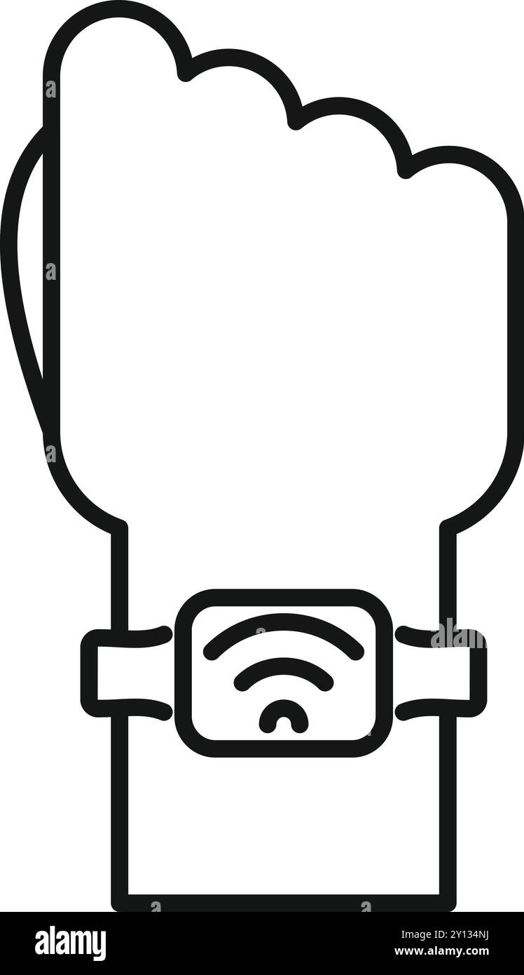 Line drawing of a hand wearing a smartwatch with a wifi signal icon ...