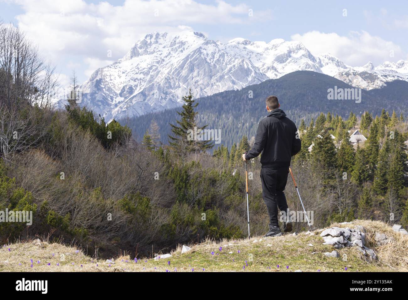 Casual and active healthy man hiking in Alpine mountains with trekking ...