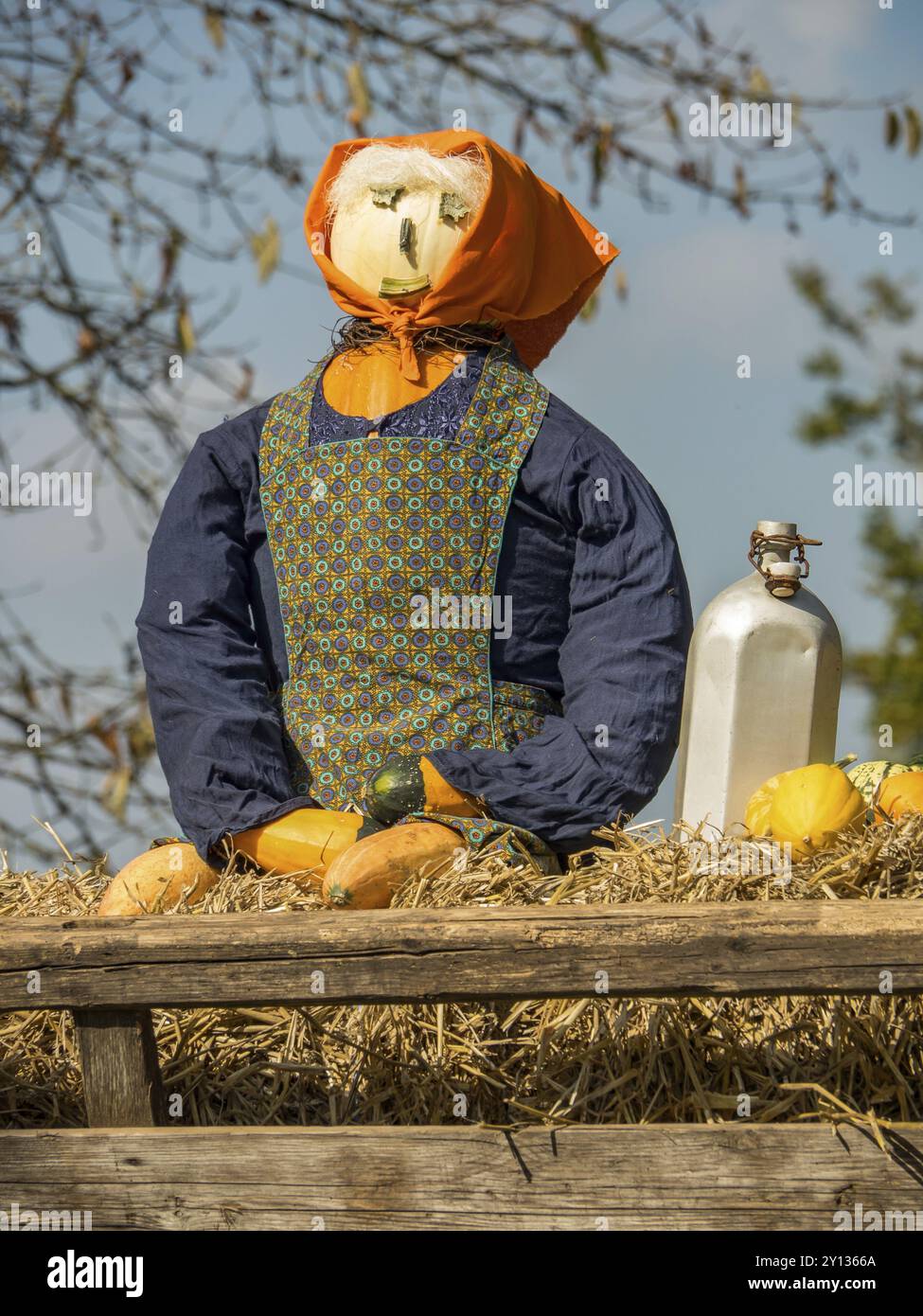 A scarecrow in traditional dress and cap sits on a pile of straw with ...