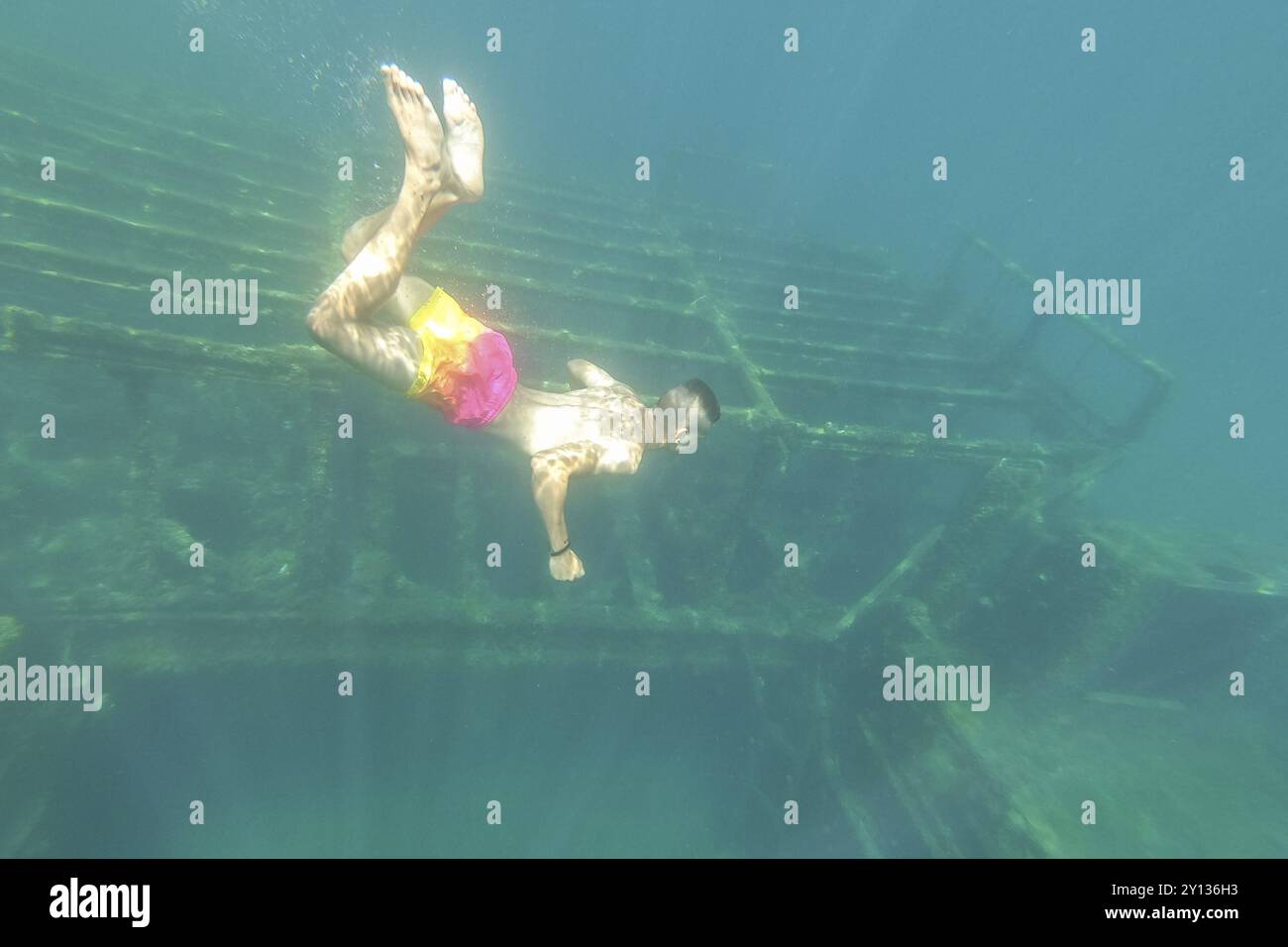 Shipwreck under water, very old ship taken on the bottom of the sea ...