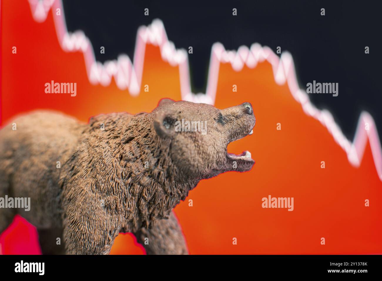 Stock crash with red chart drop in background and bear in front. Bear ...