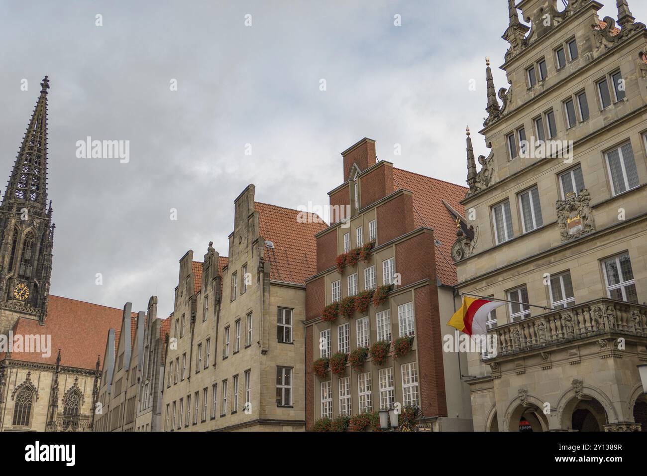 Historic buildings and church with a steeple above the historic city ...