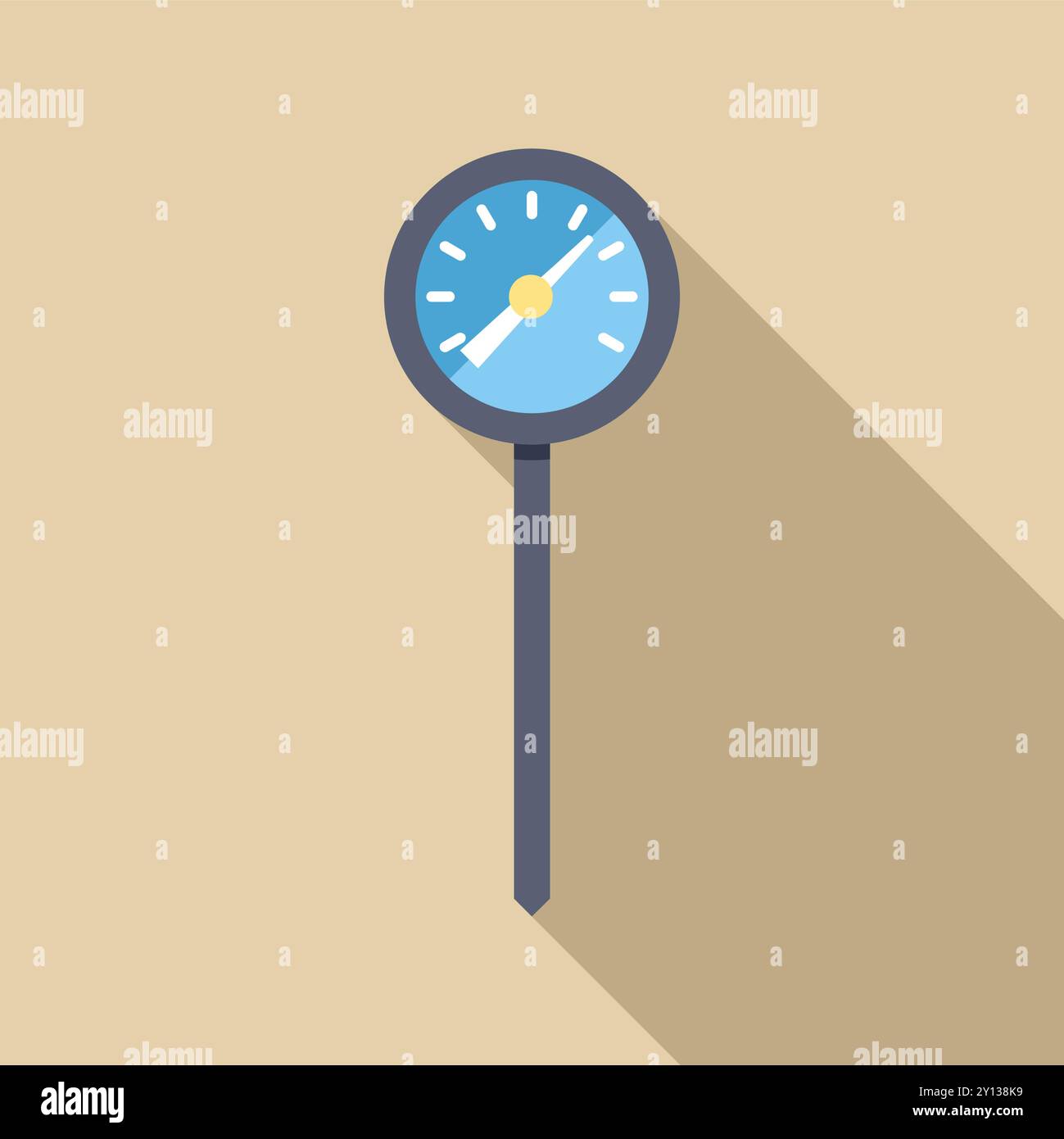 Industrial thermometer showing temperature with long shadow on beige ...