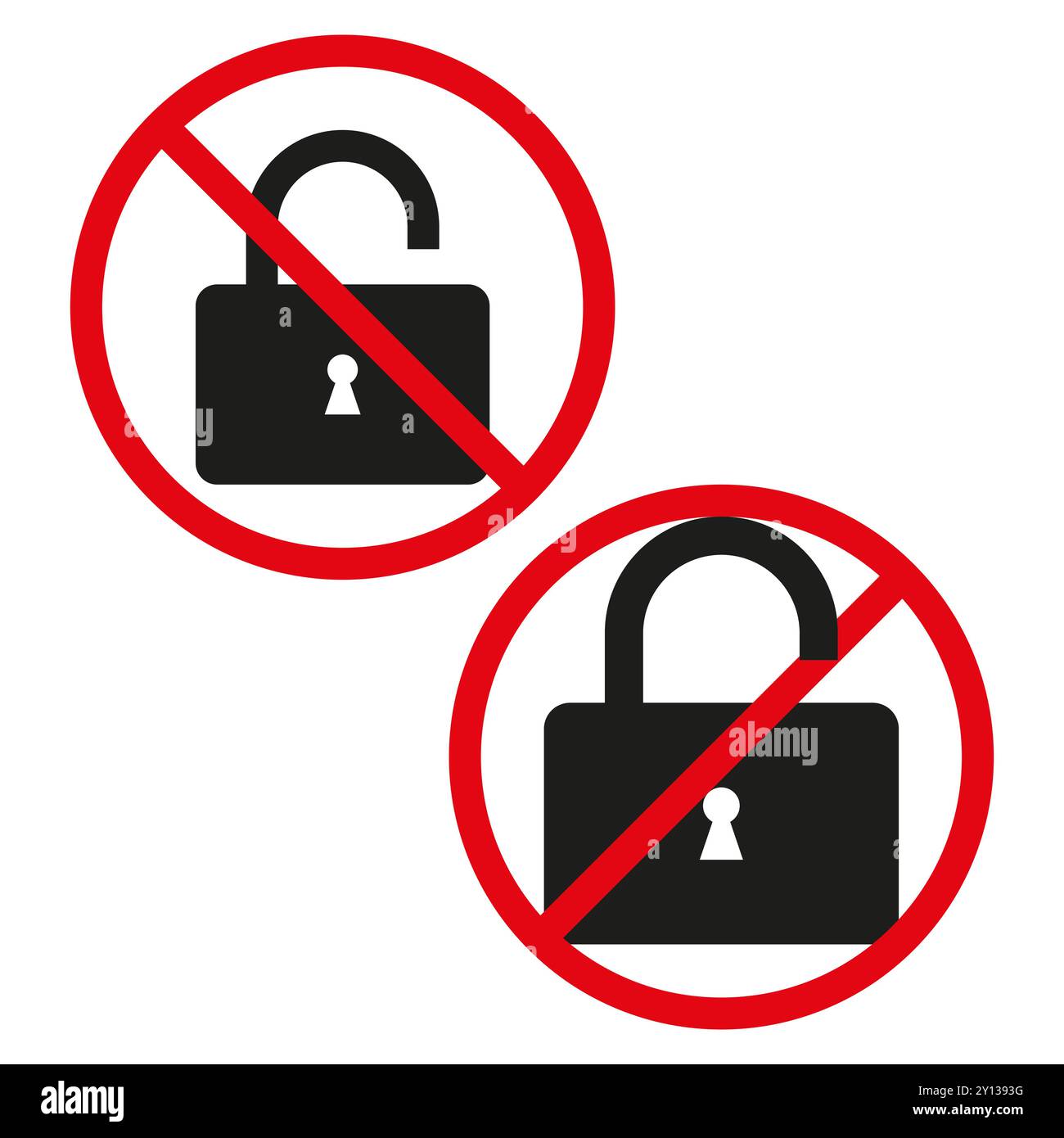 Locked and unlocked padlock icon. No access symbol. Red prohibition ...