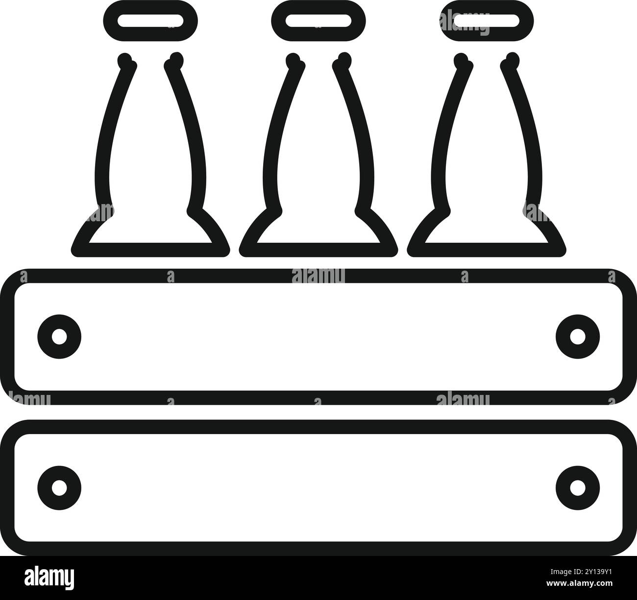 Simple black and white line drawing of three bottles standing in a ...