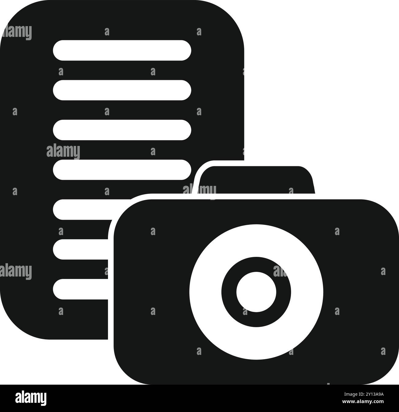 Black and white icon of a camera superimposed on a document ...