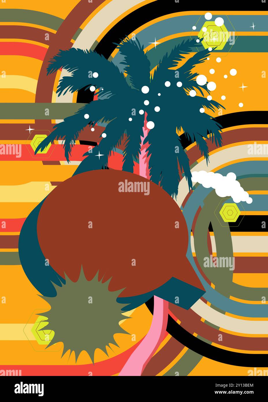 Retro 70s Background with Palm Tree and speech bubble. Groovy Tourist ...