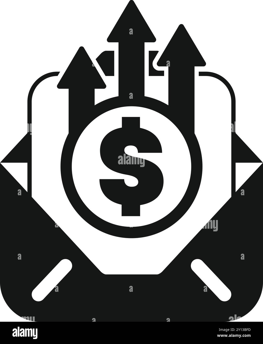 This vector illustration shows a black envelope with a dollar sign and ...