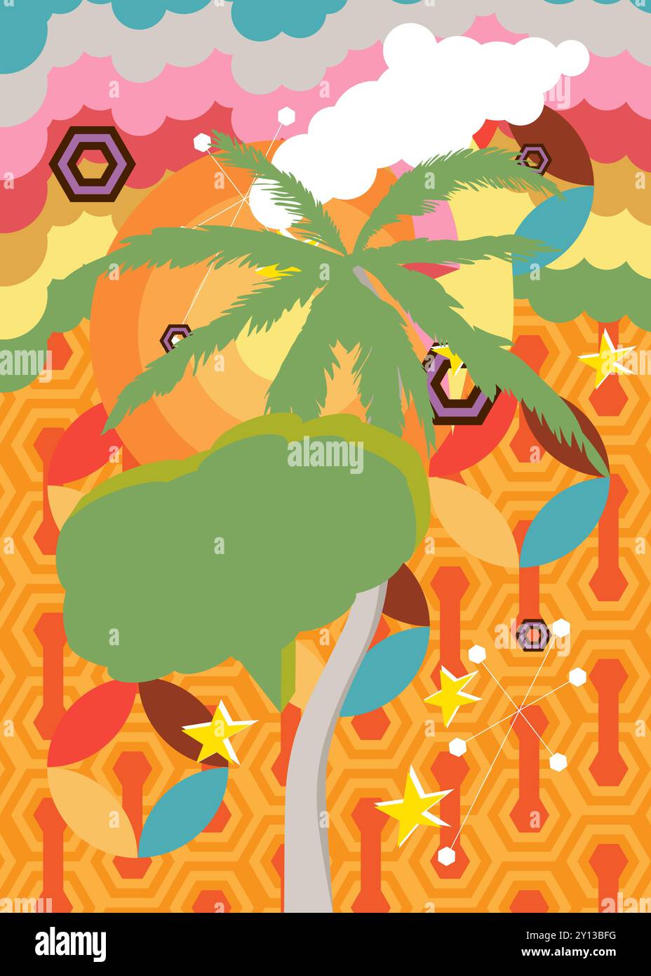 Retro 70s Background with Palm Tree and speech bubble. Groovy Tourist ...
