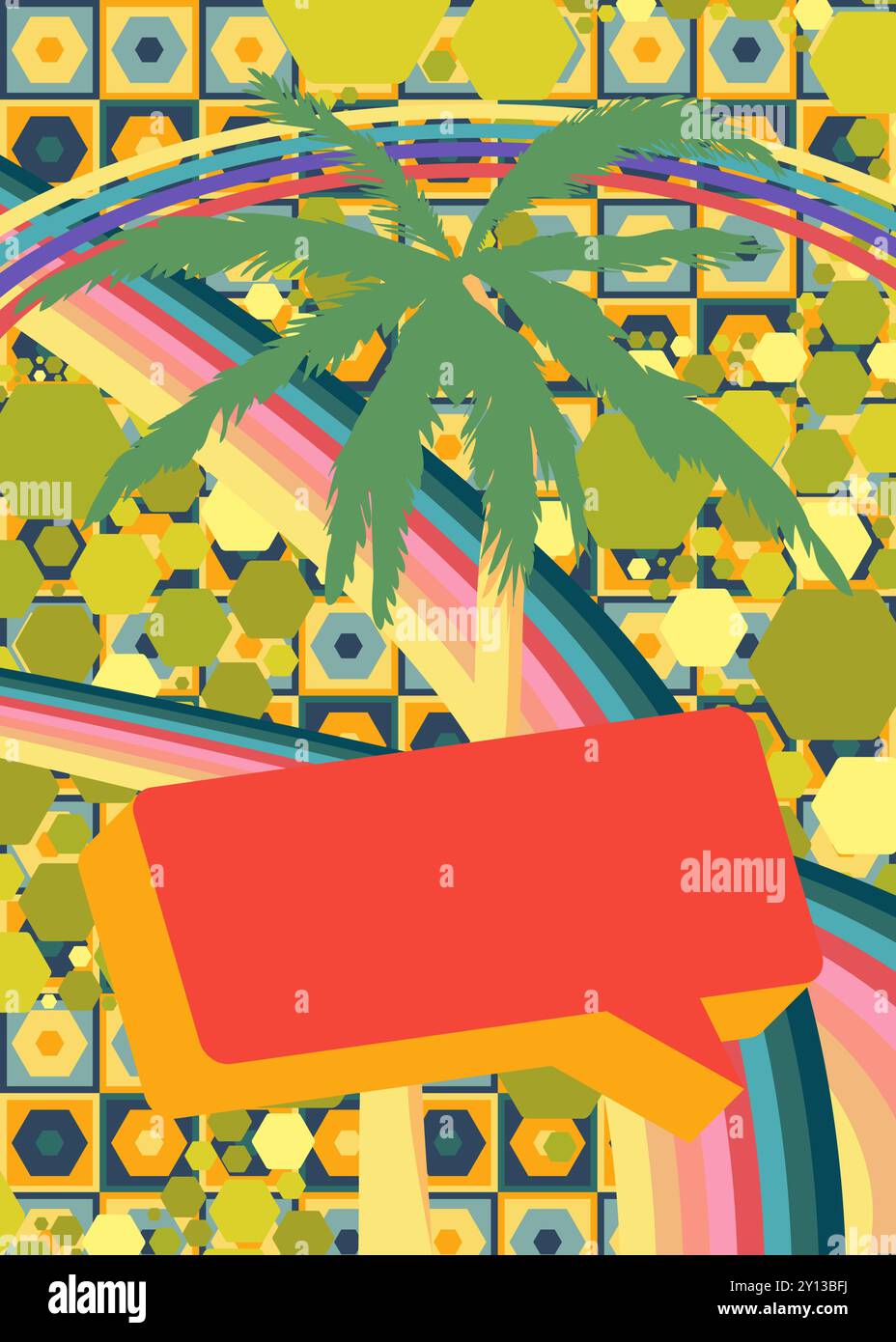 Retro 70s Background with Palm Tree and speech bubble. Groovy Tourist ...