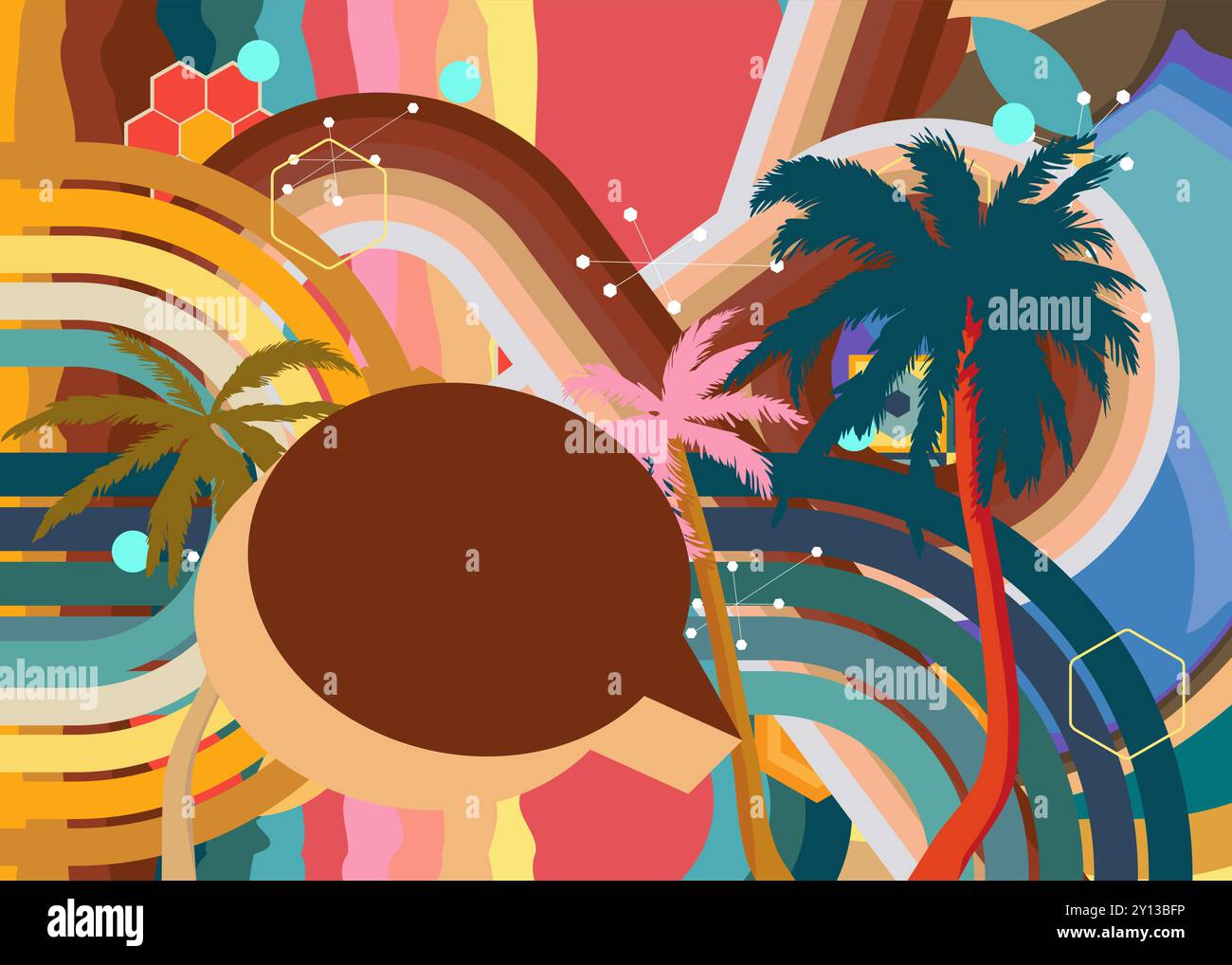 Retro 70s Background with Palm Tree and speech bubble. Groovy Tourist ...