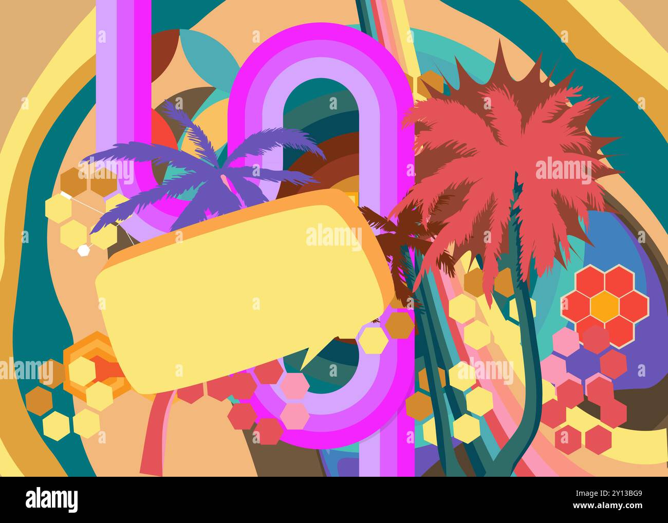 Retro 70s Background with Palm Tree and speech bubble. Groovy Tourist ...