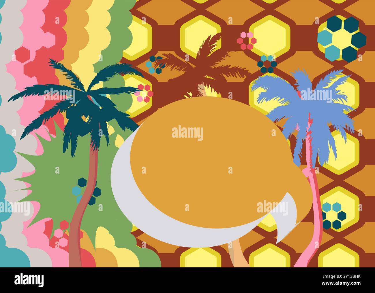 Retro 70s Background with Palm Tree and speech bubble. Groovy Tourist ...