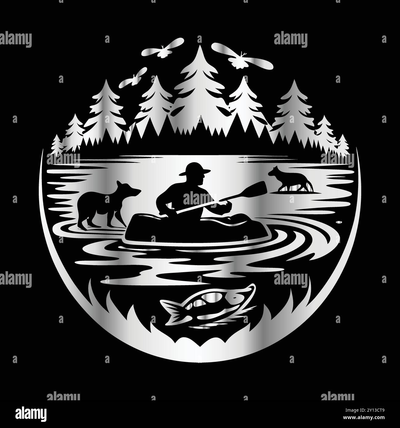 Adventure kayaking logo design. kayak on the lake, mountains silhouette ...