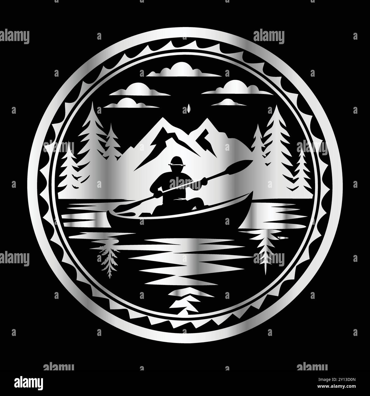 Adventure kayaking logo design. kayak on the lake, mountains silhouette ...