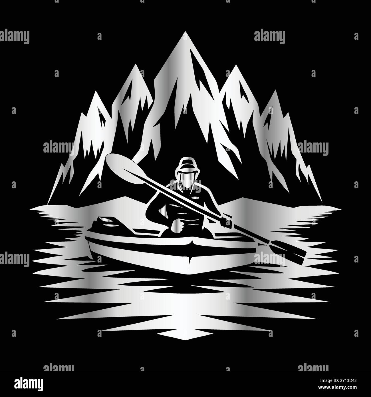 Adventure kayaking logo design. kayak on the lake, mountains silhouette ...