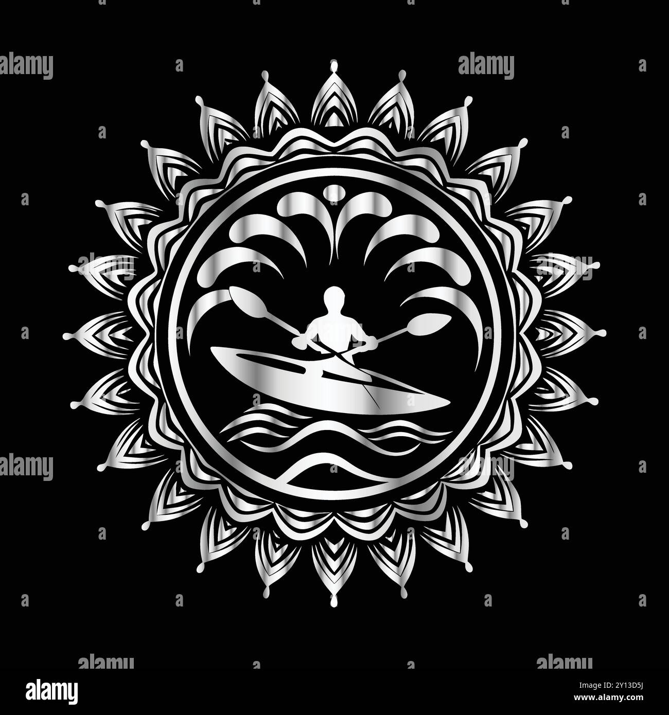 Adventure kayaking logo design. kayak on the lake, mountains silhouette ...