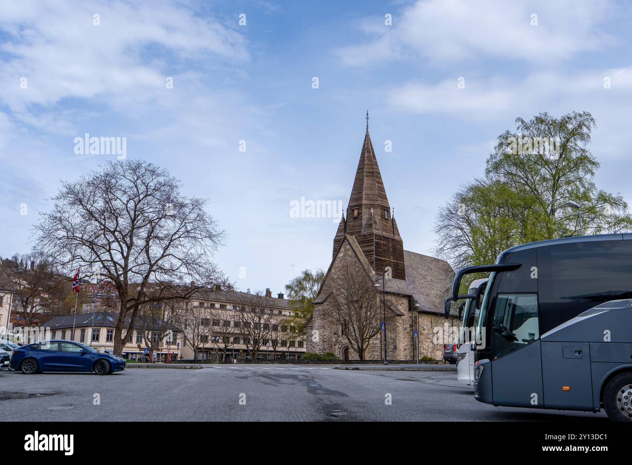 The iconic Voss Church towers over the center of the town square ...