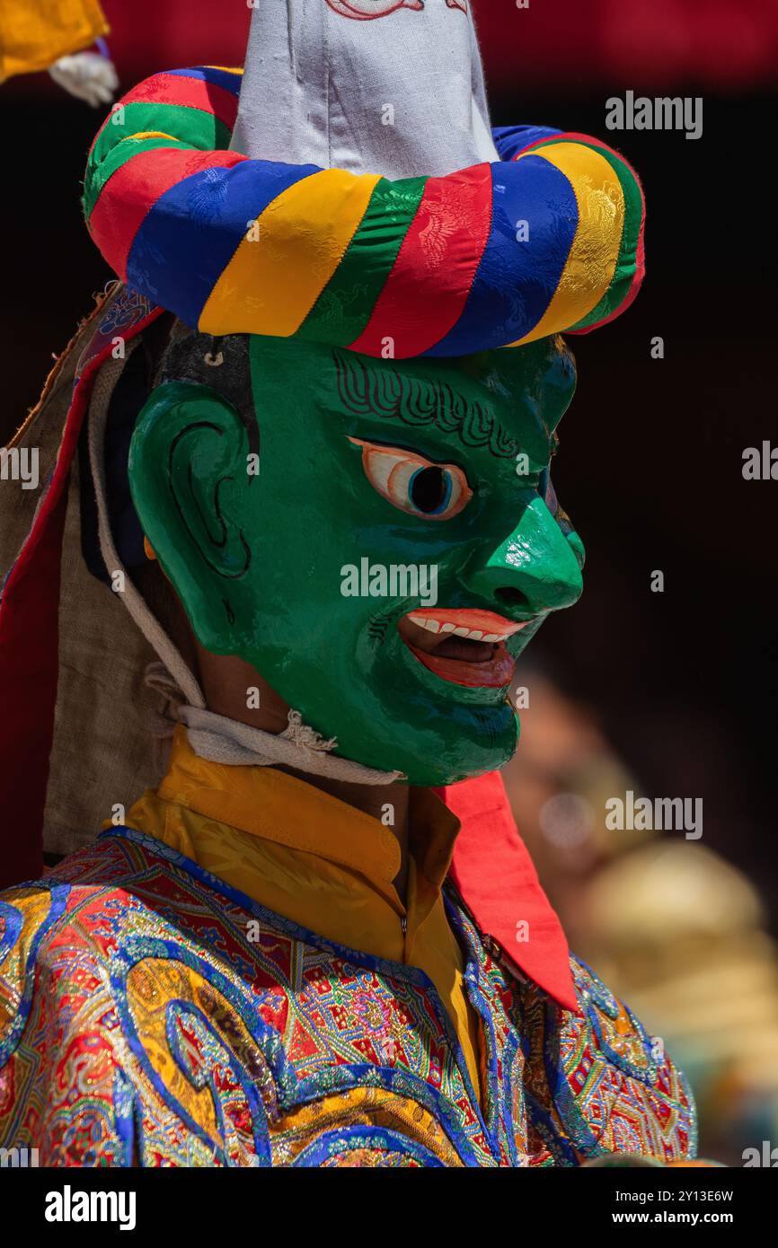 Close up of a colorful mask worn by Buddhist monks during Hemis ...