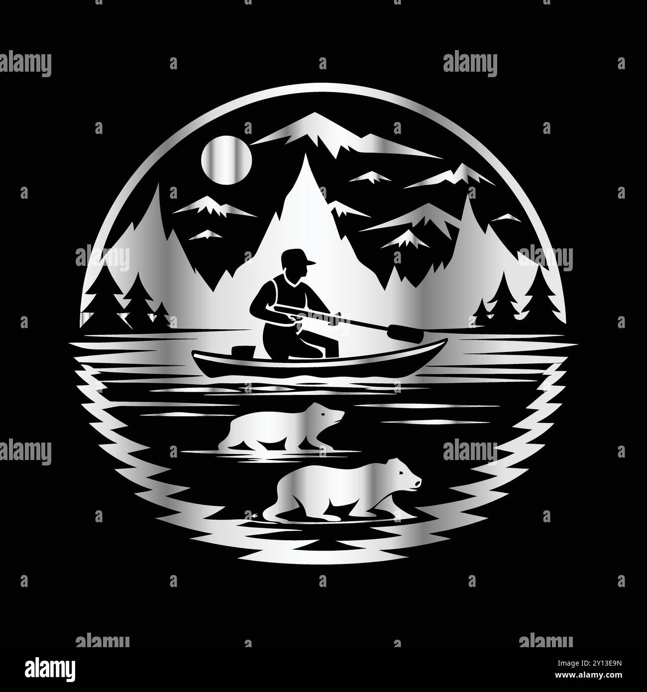 Adventure kayaking logo design. kayak on the lake, mountains silhouette ...