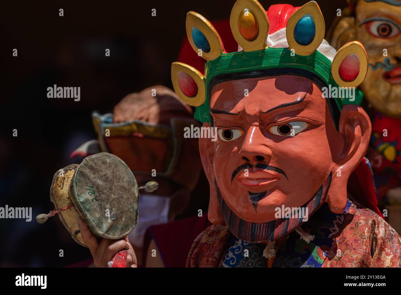 Close up of a colorful mask worn by Buddhist monks during Hemis ...